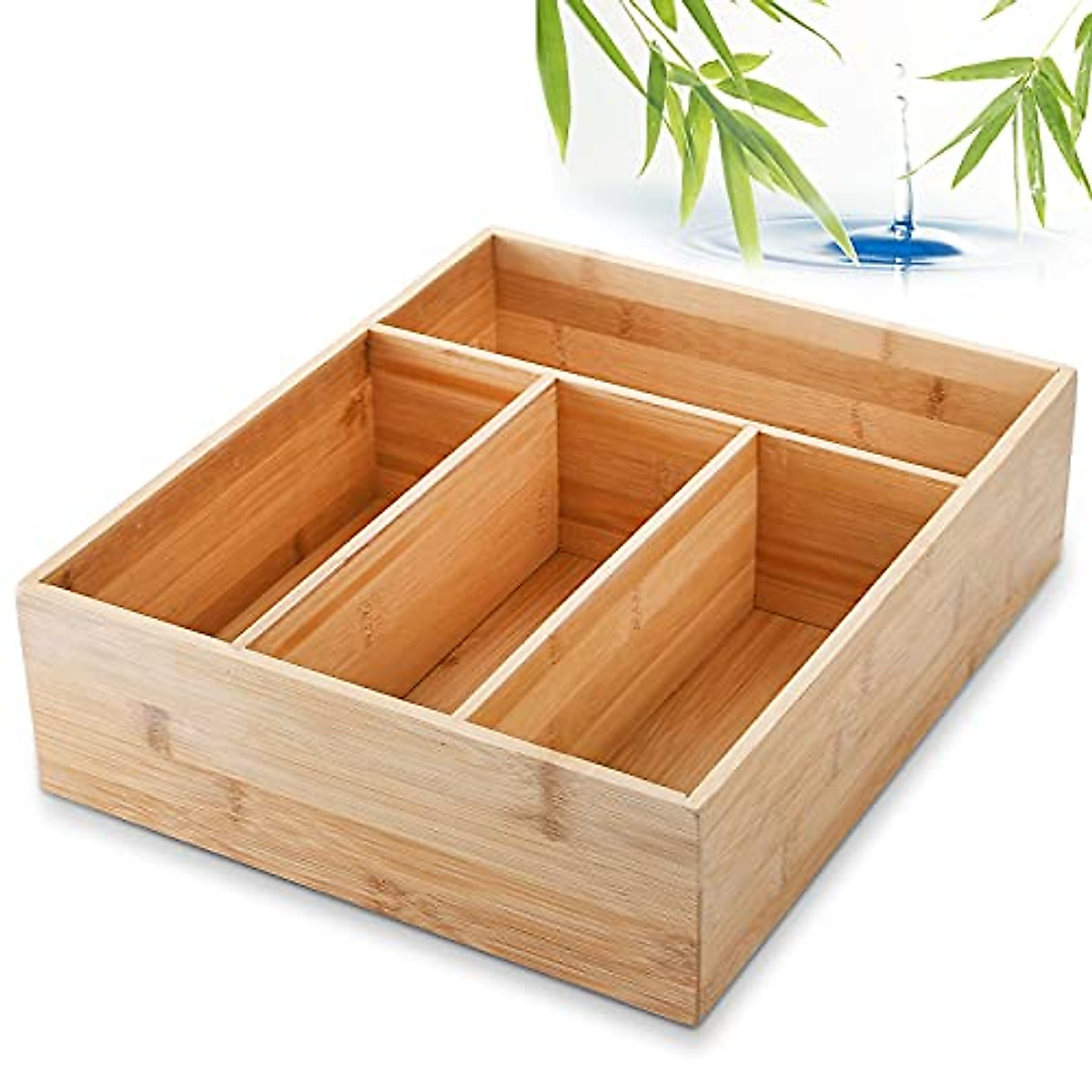 DEAYOU Bamboo Organizer Bin, 100% Bamboo Divided Storage Box, 4-Compartments Cutlery Tray Desktop Holder for Kitchen, Coffee Sugar Tea Bags, Seasoning Spice Packet Pouch, Food, Snack, Shelf, Open Top
