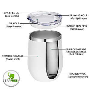 VEGOND Wine Tumblers Bulk 6 Pack, 12oz Stainless Steel Stemless Wine Glass with Lids and Straws, Double Wall Vacuum Insulated Tumbler Cup, Coffee Mug for Cold Hot Drinks