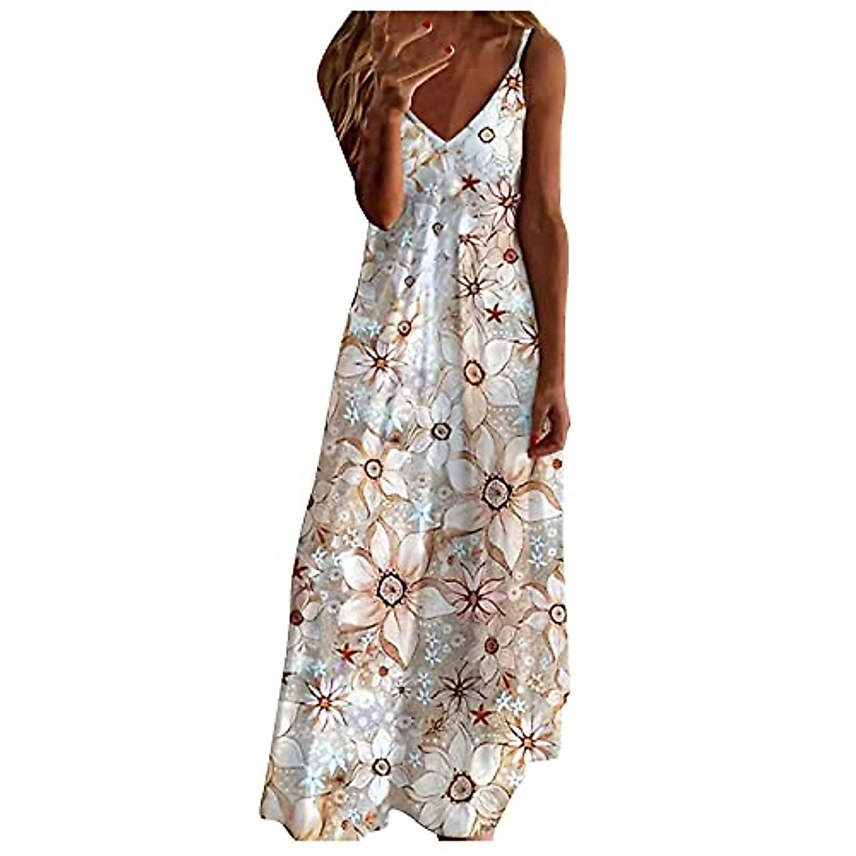 Dresses for Women 2023 Prom Dresses for Teens Casual Plus Size V Neck Beach Sundress Summer Floral Boho Long Maxi Sun Dress Spring Break Outfit Women Maxi Dress for Women Plus Size(A White,X-Large)