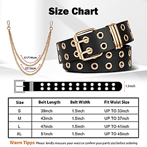FIORETTO Double Grommet Leather Belt with Detachable Chain Women Men Punk Rock Waist Belts for Jeans Pants Double Holes (With Gold Chain)