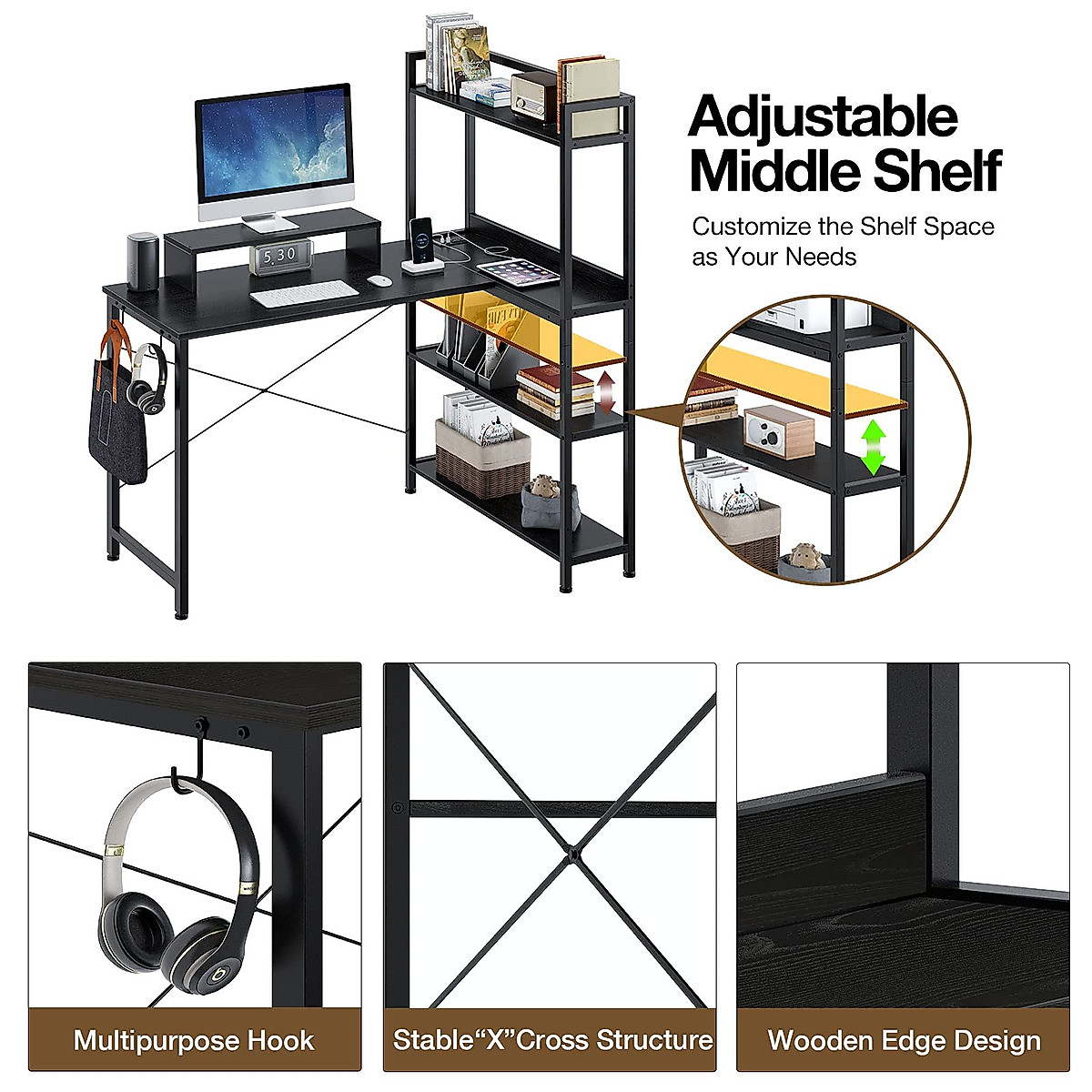 Rolanstar Computer Desk with Shelves, 47 Inch Home Office Desk with Power Outlet, Writing Table Workstation with Monitor Stand and Reversible 4-Tier Bookshelf, Study Corner Desk for Small Space, Black