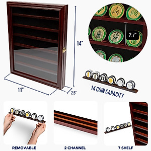 DECOMIL Challenge Coin Display Case - Solid Wood Coin Holder for 56 Military Challenge Coins, Wall Mountable Glass Door, Cherry Finish - Coin Collection Supplies