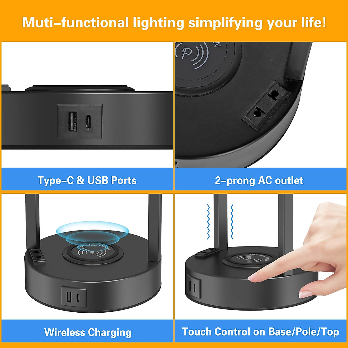 Wireless Charging Table Lamp Set of 2, Touch Control Dimmable Bedside Nightstand Lamps with Type C USB Port + AC Outlet, Glass Shade Desk Lamps Industrial Table Lamps for Bedroom, 6W Bulbs Included