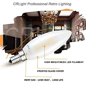 CRLight LED Candelabra Bulb 25W Equivalent 250LM, 3000K Soft White 2W LED Chandelier Light Bulbs, E12 Vintage Edison B10 Frosted Glass Dimmable LED Candle Bulbs, 6 Pack