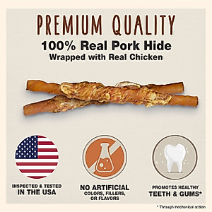 Cadet Gourmet Twists Sticks- Long Lasting & Natural Dog Treats for Large & Small Dogs Pork Hide & Chicken - Inspected & Tested in USA (22 Count)