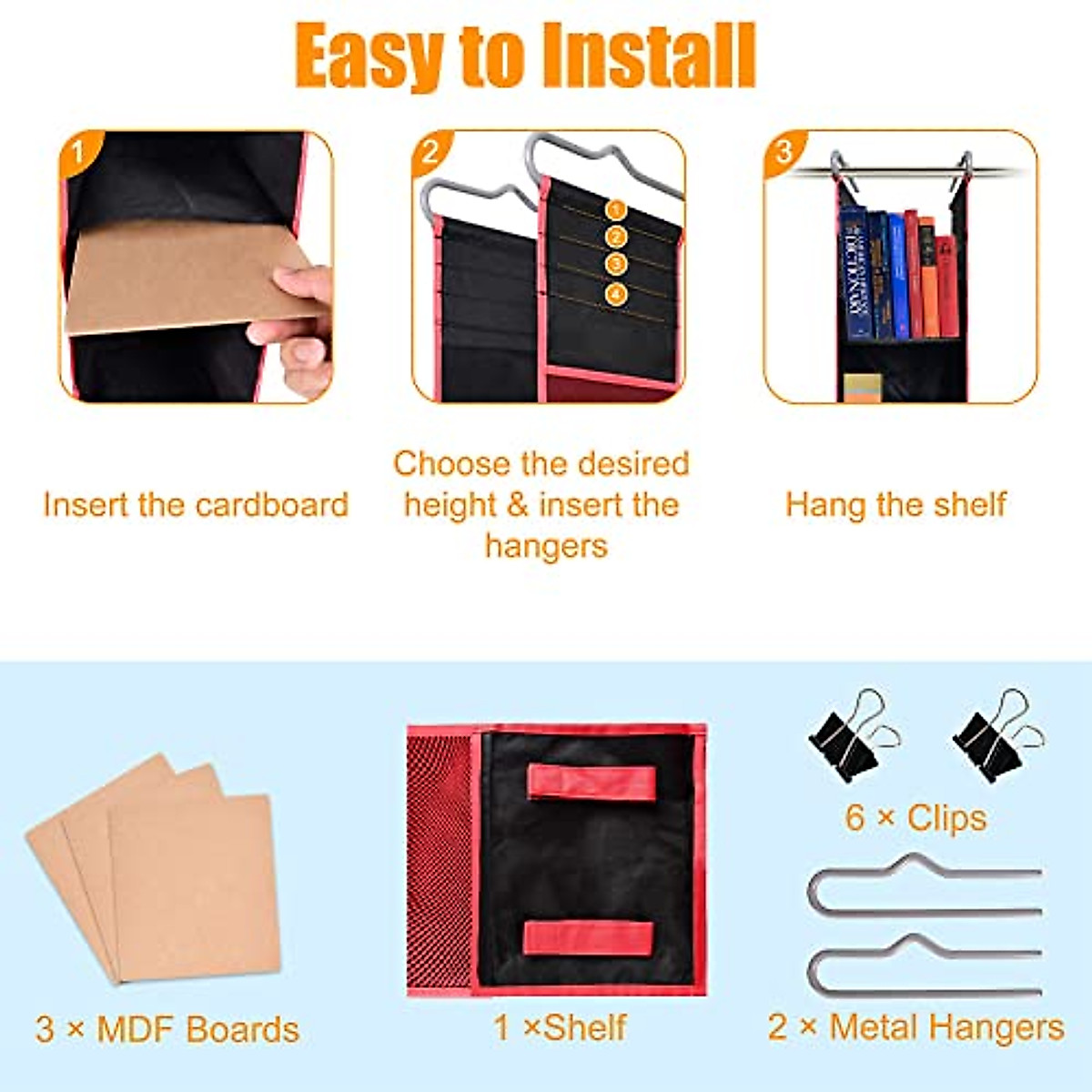 Libeder 3 Shelf Hanging Locker Organizer for School, Work, Gym, Closet, Adjustable Hanging Locker Accessories Shelves for Girls Boys, Hangs from Shelf, Hooks or Rod to Create Storage Space(Black-Red)