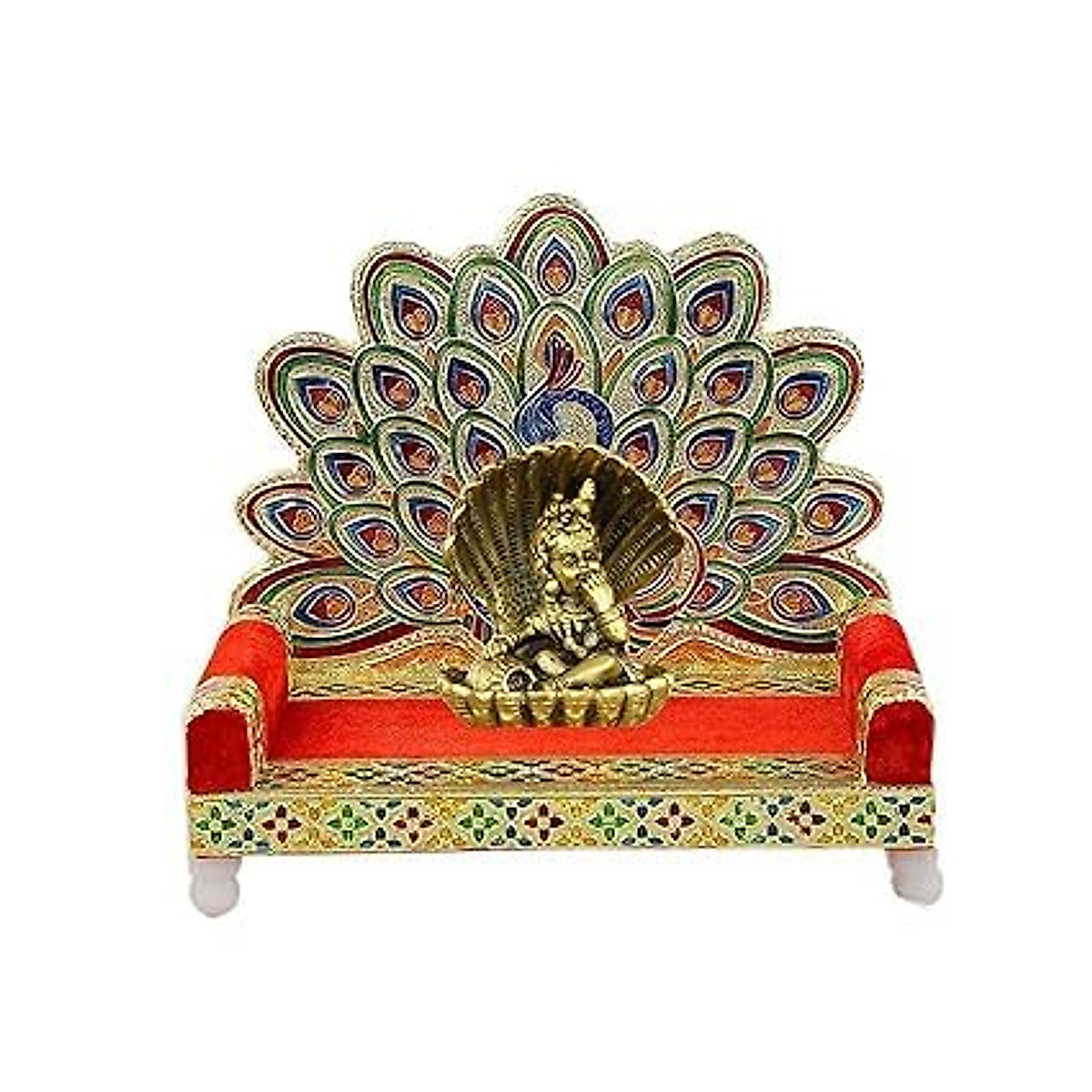 Laddu Gopal Meenakari Singhasan for Pooja Mandir,Peacock Swing Jhula for Idol Wooden Meenakari Singhasan Laddu Gopal Sinhasan for Pooja Mandir (Small Size)-(Golden, 15.5 x 10.5 x 15 cm)