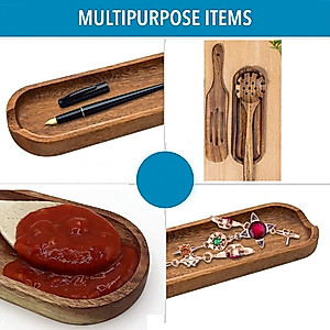 Teak Spatula Rest with Inlay Design, Teak Kitchen Utensil Cooking Shovel Holder Base Countertop Cooking Organizer Small Serving Tray for Spatula, Spoons