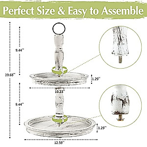 Farmhouse Tiered Tray 2 Tier Tray with Metal Handle, Wooden Tray Tiered Serving Tray for Cake, Fruit, Dessert, White Tray Decorative Tray for Living Room Kitchen Coffee Table Dining Table Centerpiece
