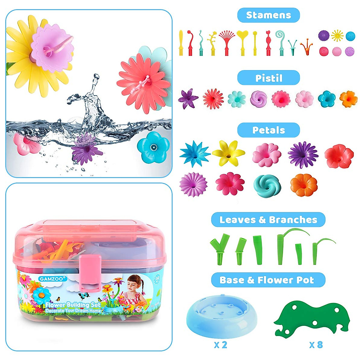 GAMZOO Flower Garden Building Toys Girls Birthday Gifts for 3 4 5 6 Year Old Toddlers STEM Arts and Crafts (150pcs)