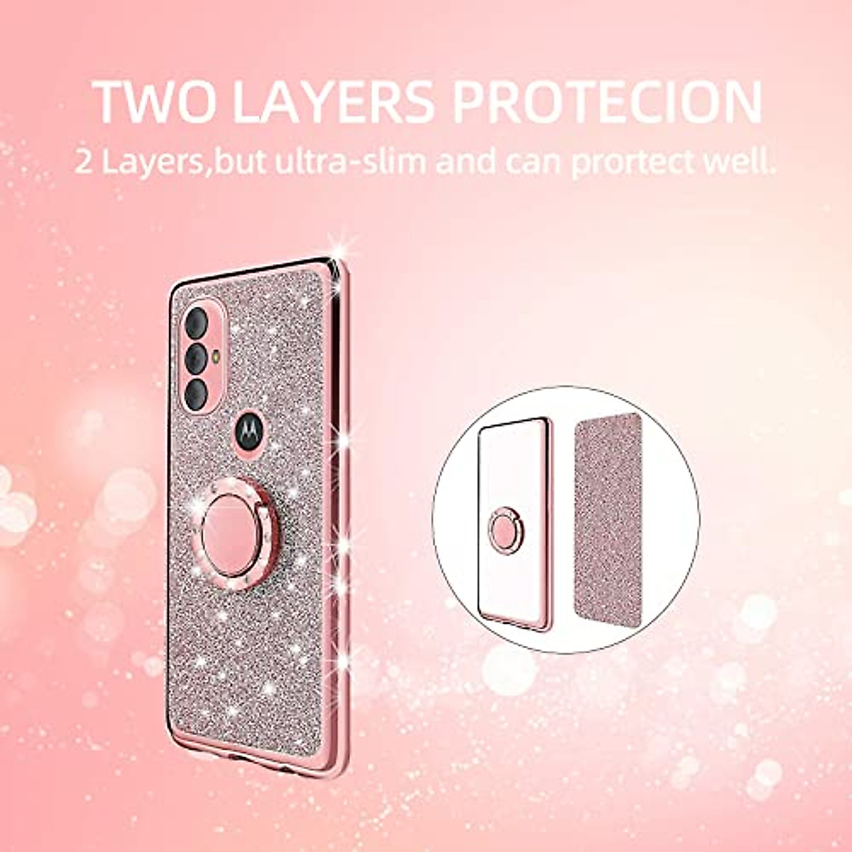 KuDiNi for Moto g Pure Phone Case, Moto g Power 2022 Case Moto G Play 2023 Case for Women Glitter Clear TPU Luxury Bling Protective Cover with Kickstand Strap for Moto g Pure(Glitter Rose)