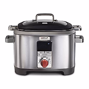 Wolf Gourmet Programmable 6-in-1 Multi Cooker with Temperature Probe, 7 qrt, Slow Cook, Rice, Sauté, Sear, Sous Vide, Stainless Steel, Red Knob (WGSC100S)