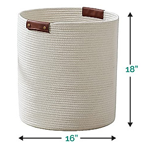 Organizix Large Cotton Rope Laundry Hamper Woven Basket with Leather Handles, Storage Basket for Toys, Blanket, Throws, Pillows and Towels - 16 x 18, Cream