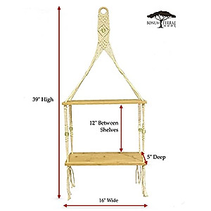 Macrame Bamboo Shelf with Sea Glass for Wall Hanging -2 Tier w/Beads - Unique Woven Boho Home Organizer Decor, Floating Storage for Small Plants, Handmade Cotton Rope-Bedroom, Living Room, Bathroom