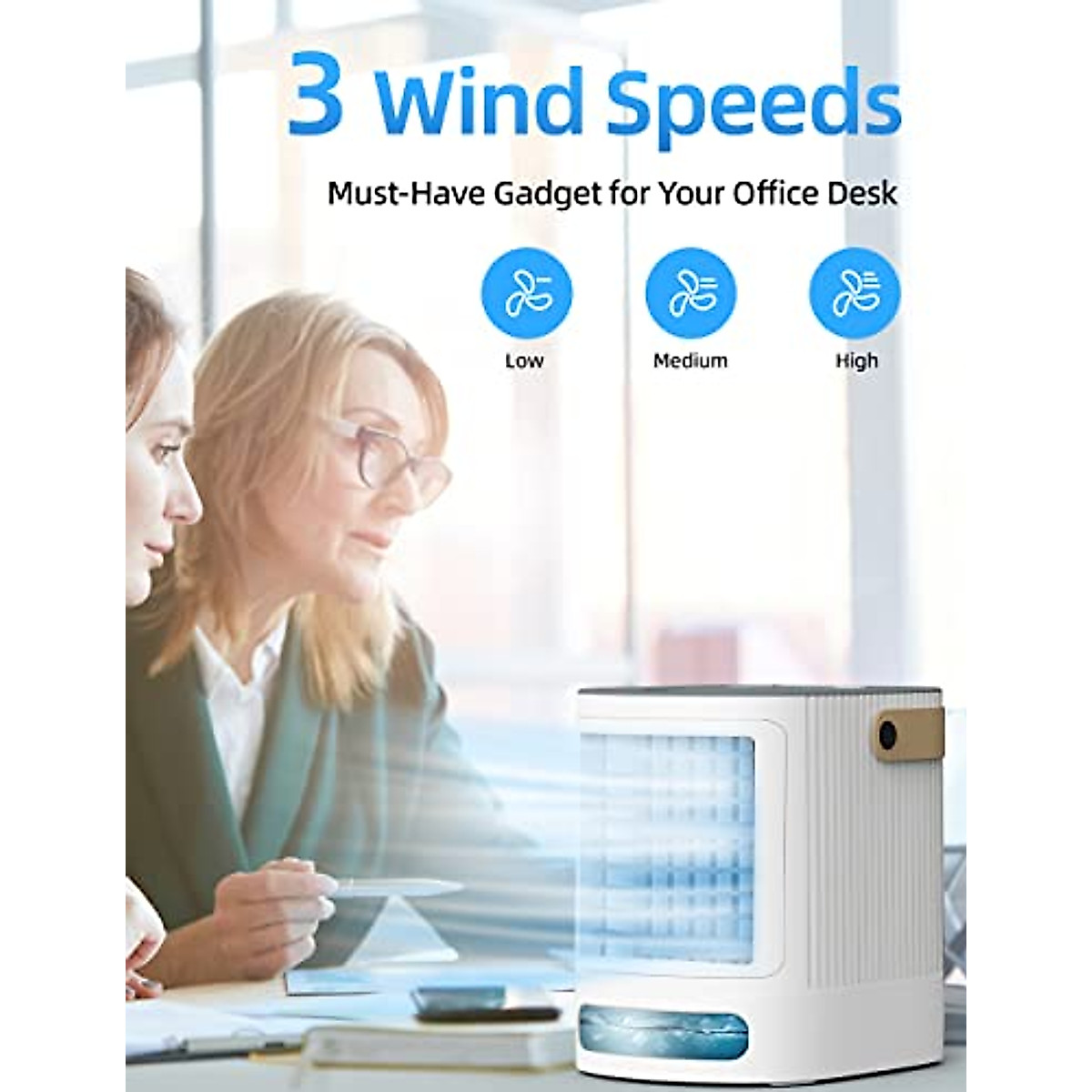 3-IN-1 Portable Air Cooler, USB Powered Desktop Cooling Fan, 3 Levels Spray Humidify & 3 Speeds Personal Air Conditioner Fan w/8 Night Light Modes, Evaporative Air Cooler for Small Room/Office/Camping