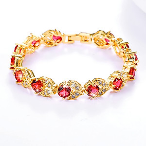 U7 Ruby Tennis Bracelet 18K Gold Plated Wrist Link Red Cubic Zircon Gem Crystal Bracelets for Women Teen Girls, fit Wrist 160-200mm