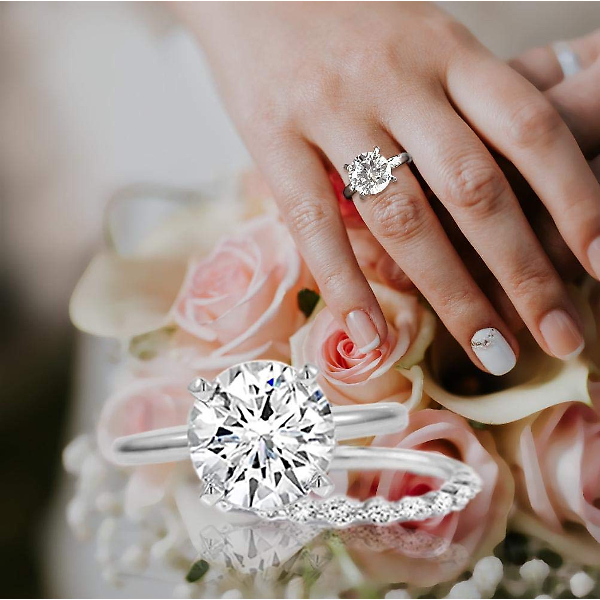 Samie Collection 4 Carat Round Brilliant Simulated Diamond CZ Solitaire Engagement Rings for Women, Classic Wedding Ring, White Gold Finish, Size 6