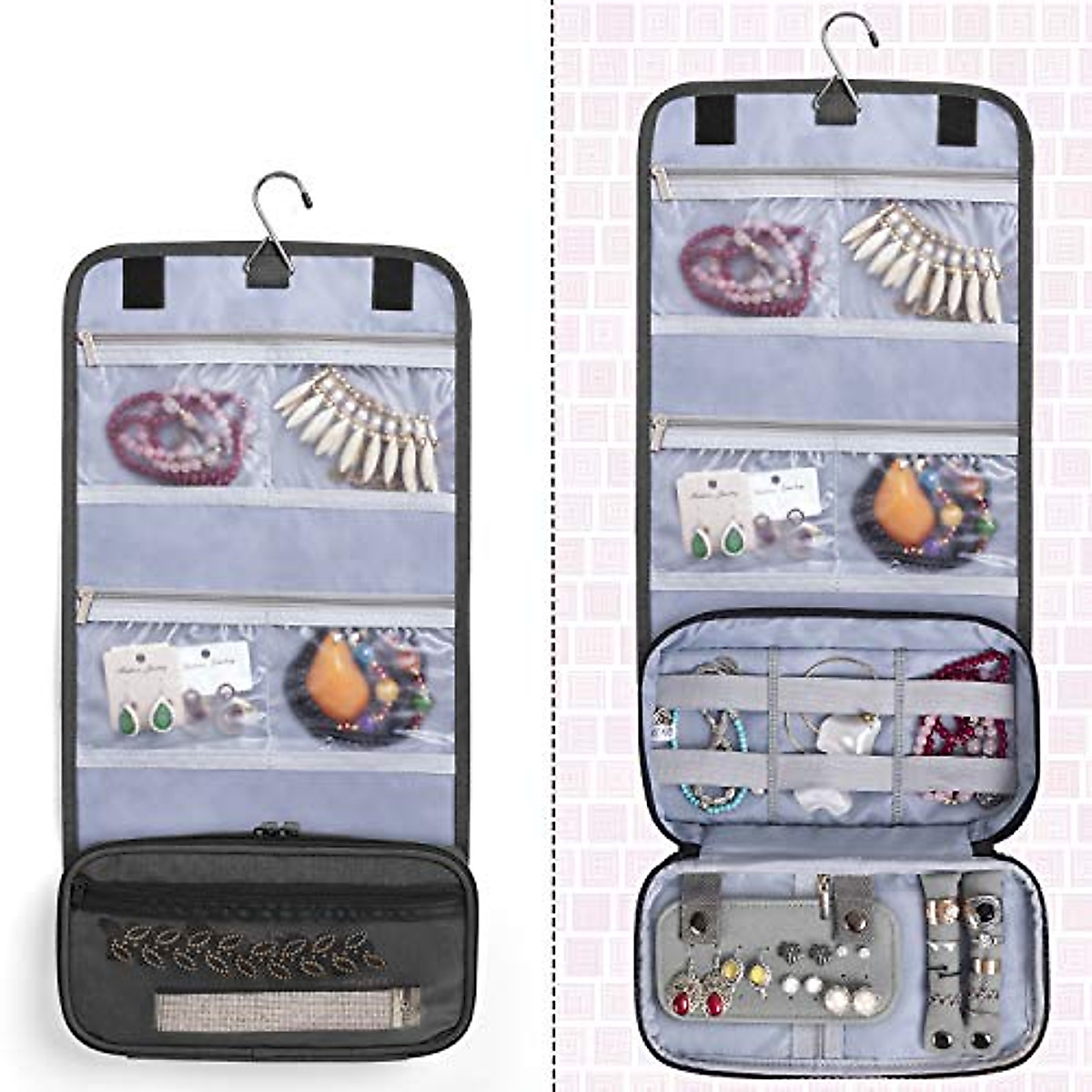 Teamoy Jewelry Roll Bag Travel Hanging Jewelry Organizers - Perfect for Business Trips, Gray (Accessories Not Included)