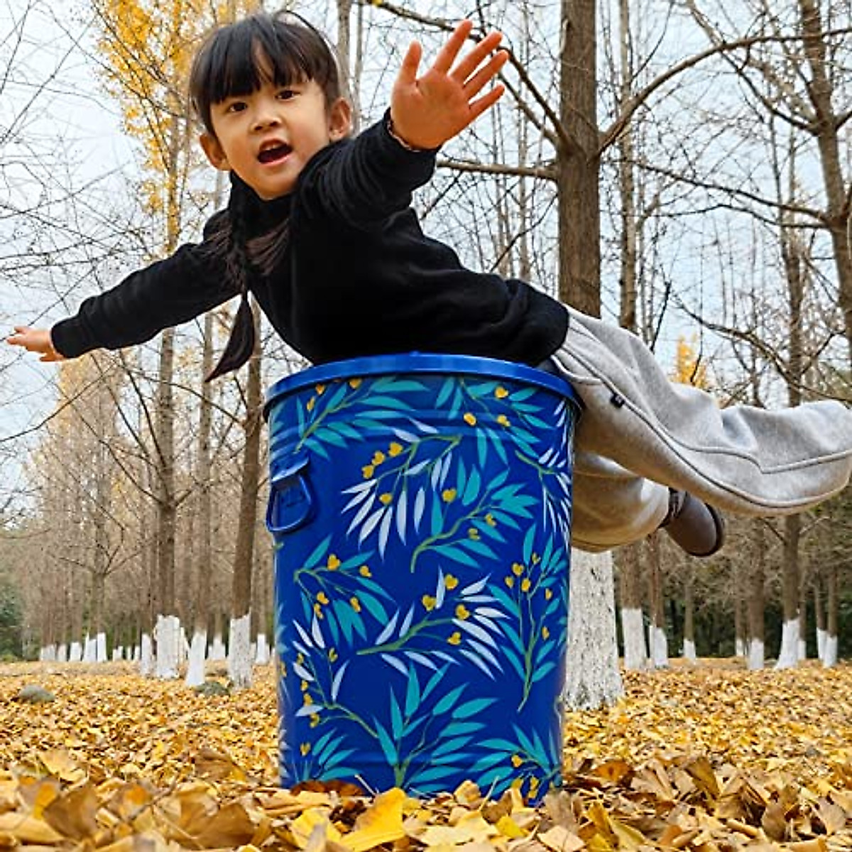 HOZUSO Hand Painted Metal Trash Can with Lid Recycling Canister Storage Organization Decorative Garbage Can Waste Bin for Kitchen Living Room Home Patio Yard Home Decor 10 Gallons