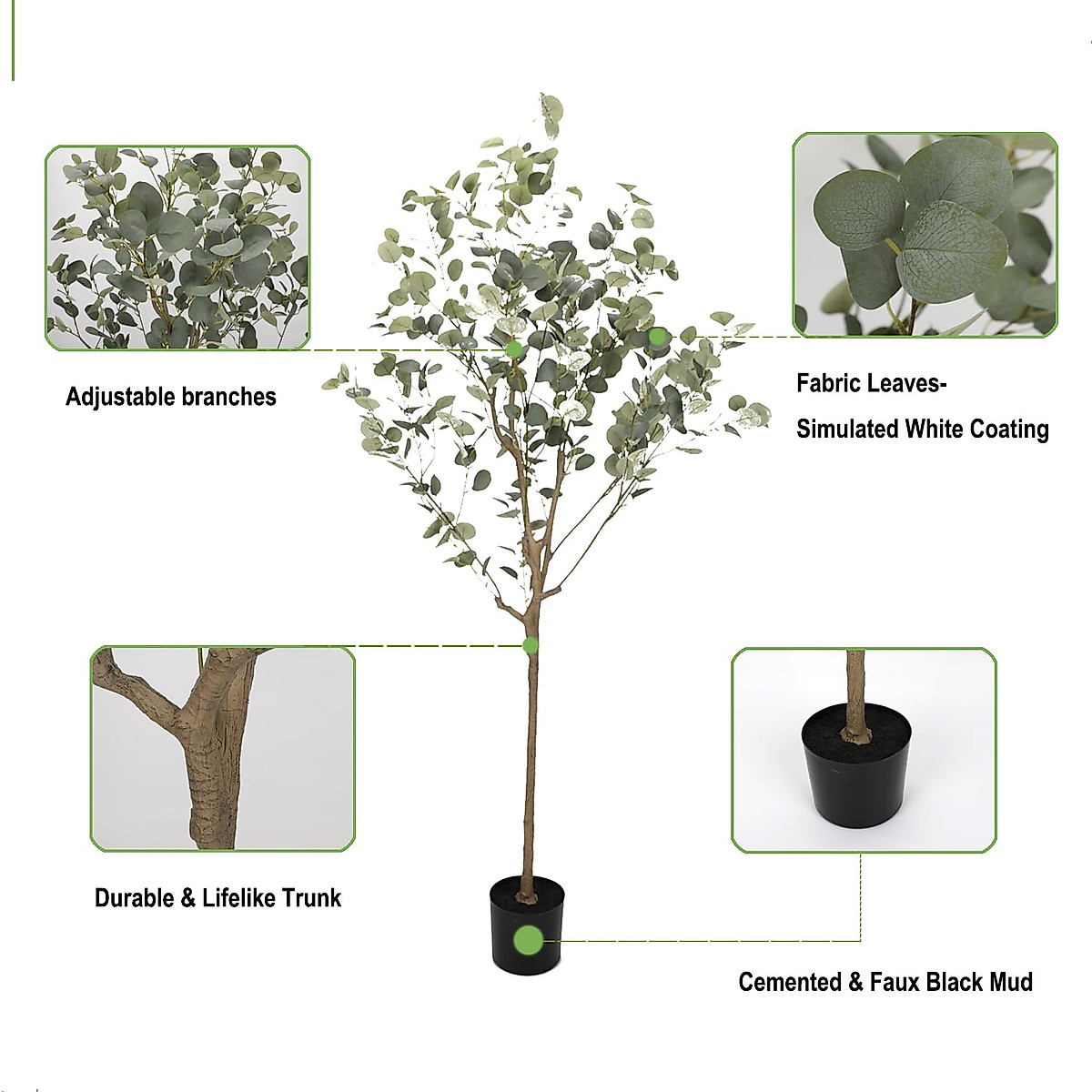 Erlandens 6FT Artificial Eucalyptus Tree 71in Modern Fake Plant Silk Faux Eucalyptus Silver Dollar Leaves in Pot for Outdoor Indoor Office Housewares Living Room Wedding Decor