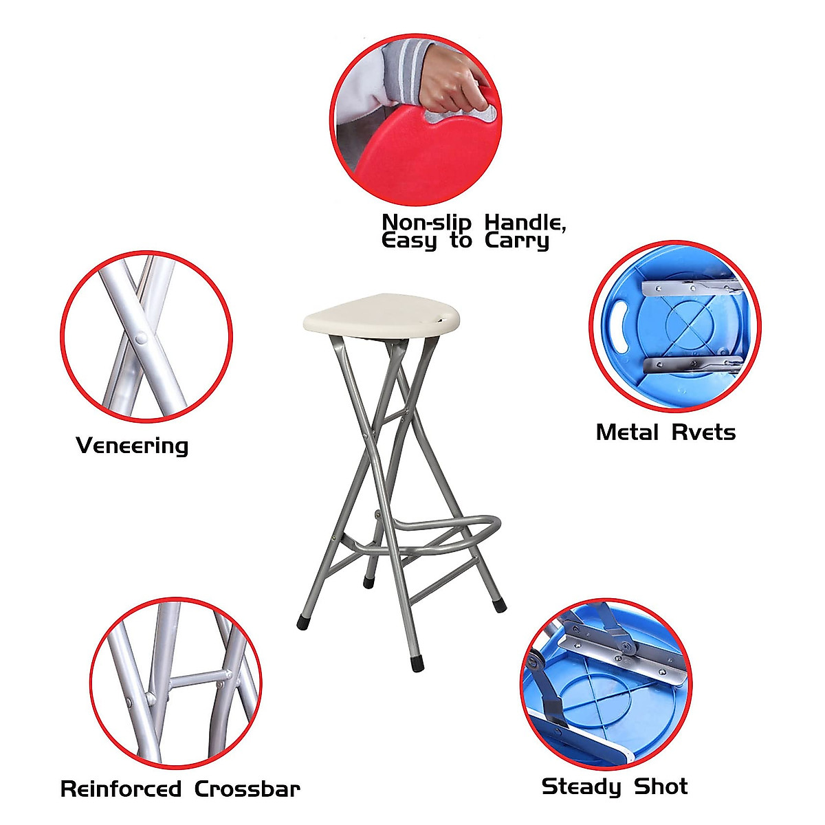 Folding Stools for Adults Portable, 28 inch Collapsible Stool Heavy Duty, Indoor Tall Bar stools with Handle, Plastic Counter Barstool Chair for Kitchen Outdoor Travel-White H72xW31cm(28x12inch)