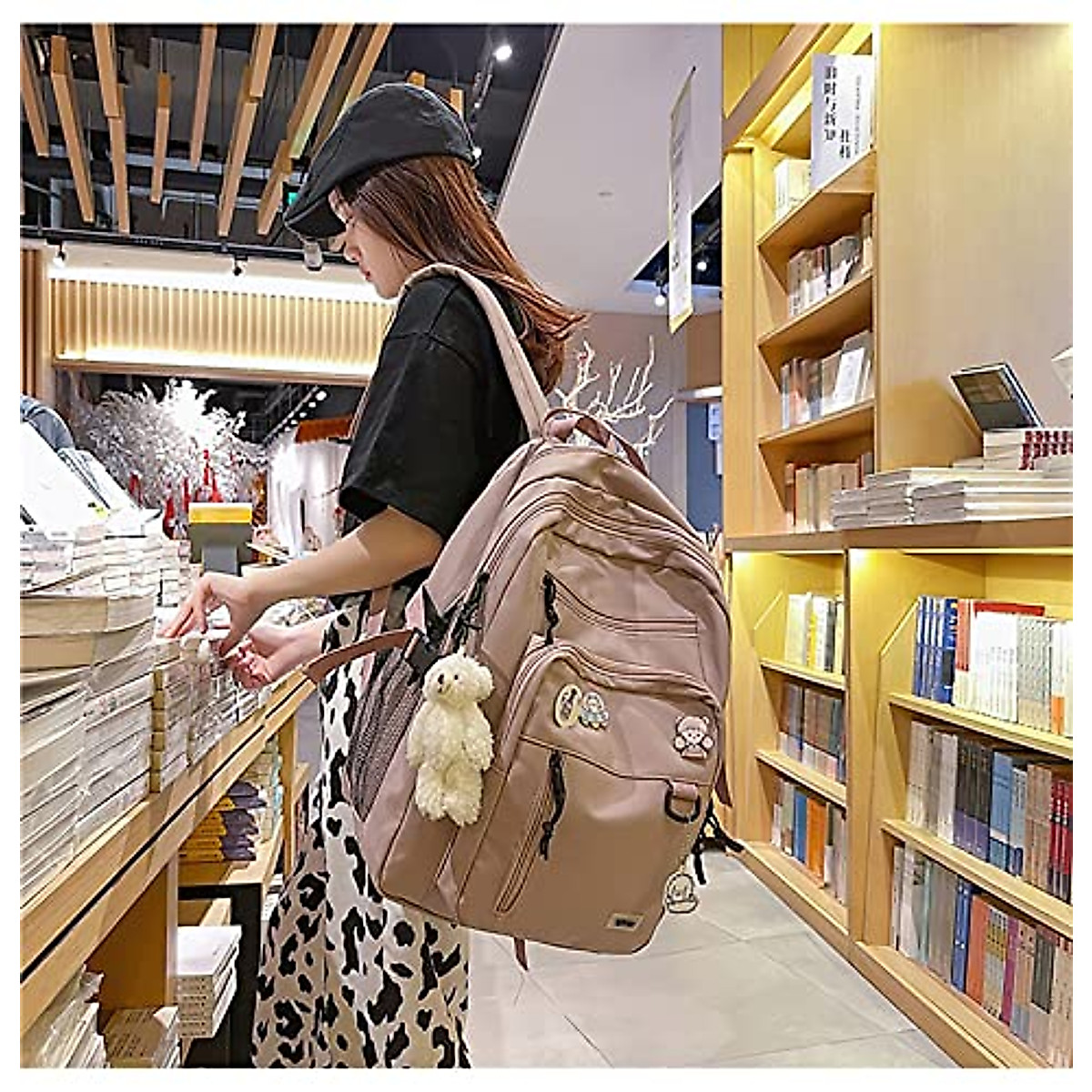 MQUN cute aesthetic backpack laptop black backpack middle school student schoolbag bear pin schoolbag