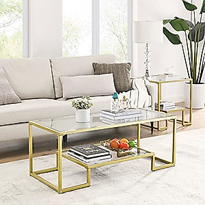 Alohappy Glass Coffee Table Modern Rectangular Coffee Table with 2-Tier Storage Shelf and Sturdy Metal Frame Center Table Easy Assembly for Living Room