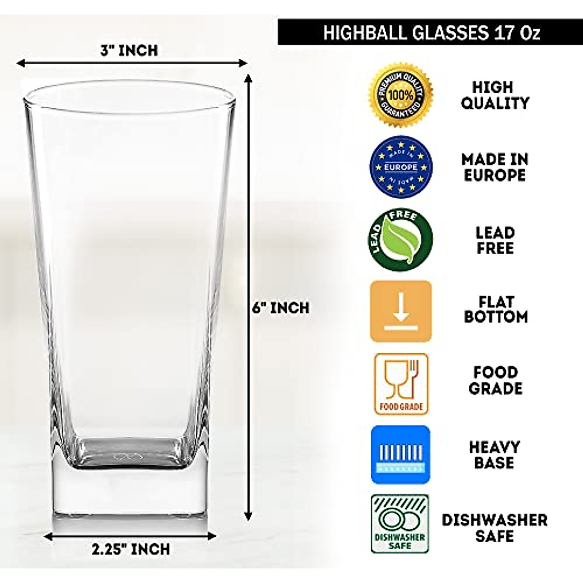 Highball Glasses [Set of 4] + 4 Stainless Steel Straws, 16 oz Lead-Free Crystal Clear Glass, Elegant Drinking Cups for Water, Wine, Beer, Cocktails and Mixed Drinks - Round Top, Square Bottom