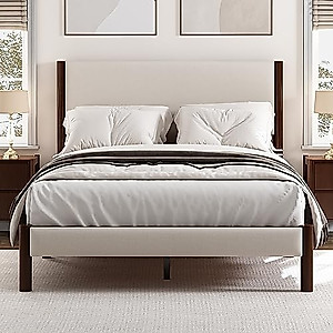 Merax Modern Farmhouse Solid Wood Platform Bed with Upholstered Headboard, Queen Bed Frame/No Box Spring Needed, Rich Walnut