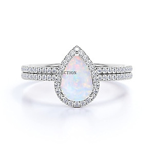 Rosie Collection Pear Shaped Halo Engagement Promise Wedding Bridal Anniversary 925 Sterling Silver Ring Band Set Created-Opal 9