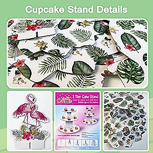 BORAMDO Flamingo Cardboard Cupcake Stand，3-Tier Tropical Leaves Pattern Dessert Tower，Hawaiian Luau Cake Holders for 24 Cupcakes, Kids Birthday Baby Shower Wedding Party Supplies (Hawaii Leaves)