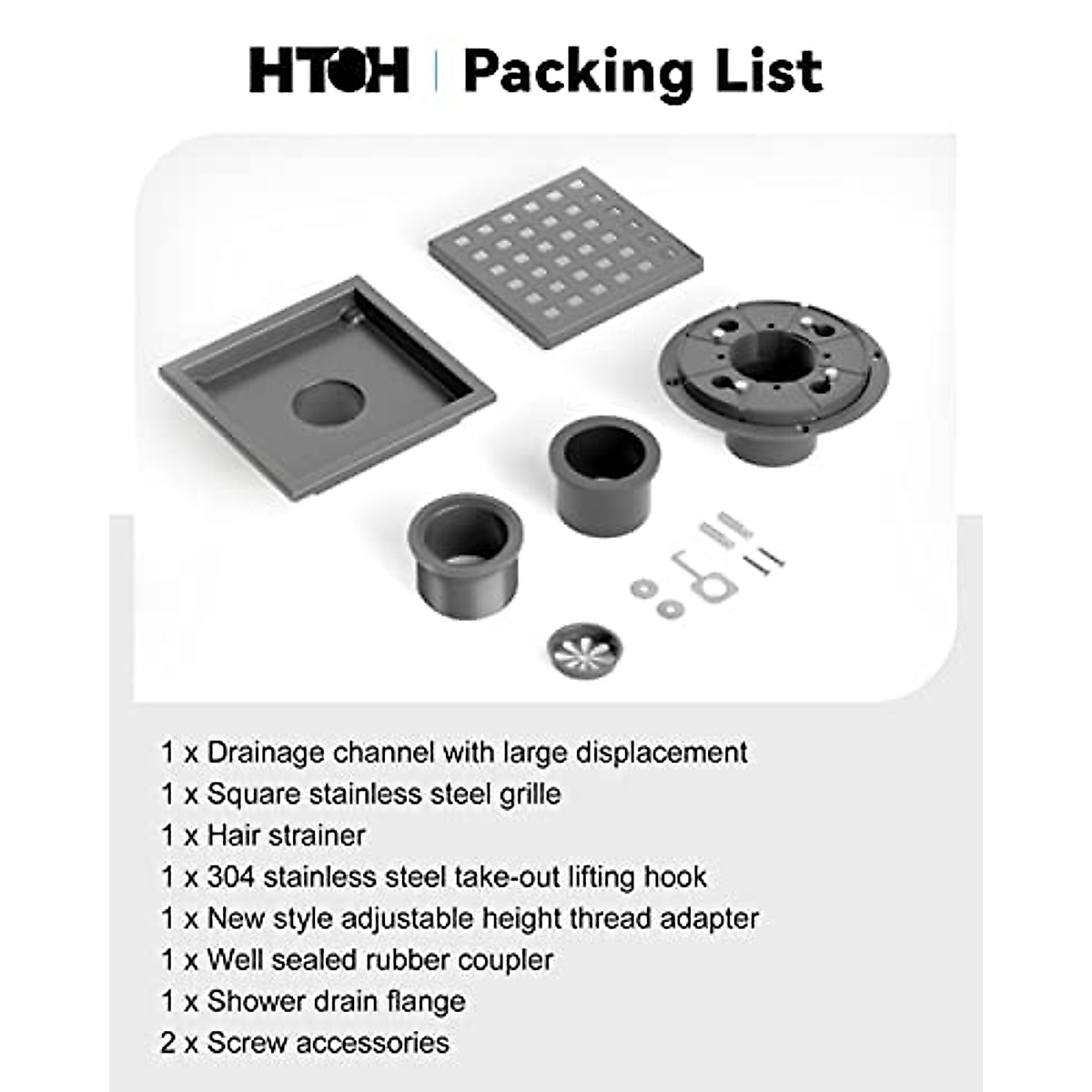 Black Shower Drain 4 Inch with Flange CUPC Certified- Made of 304 Stainless Steel, Square Shower Drain Includes Removable Cover Grid Grate,Thread Adapter, Shower Drain