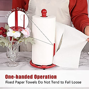 Paper Towel Holder Stand - Vintage Cast Iron Floral Pattern Weighted Base Roll Paper Towel Dispenser for Kitchen Countertop, Easy One Handed Tear Red Paper Towel Holder
