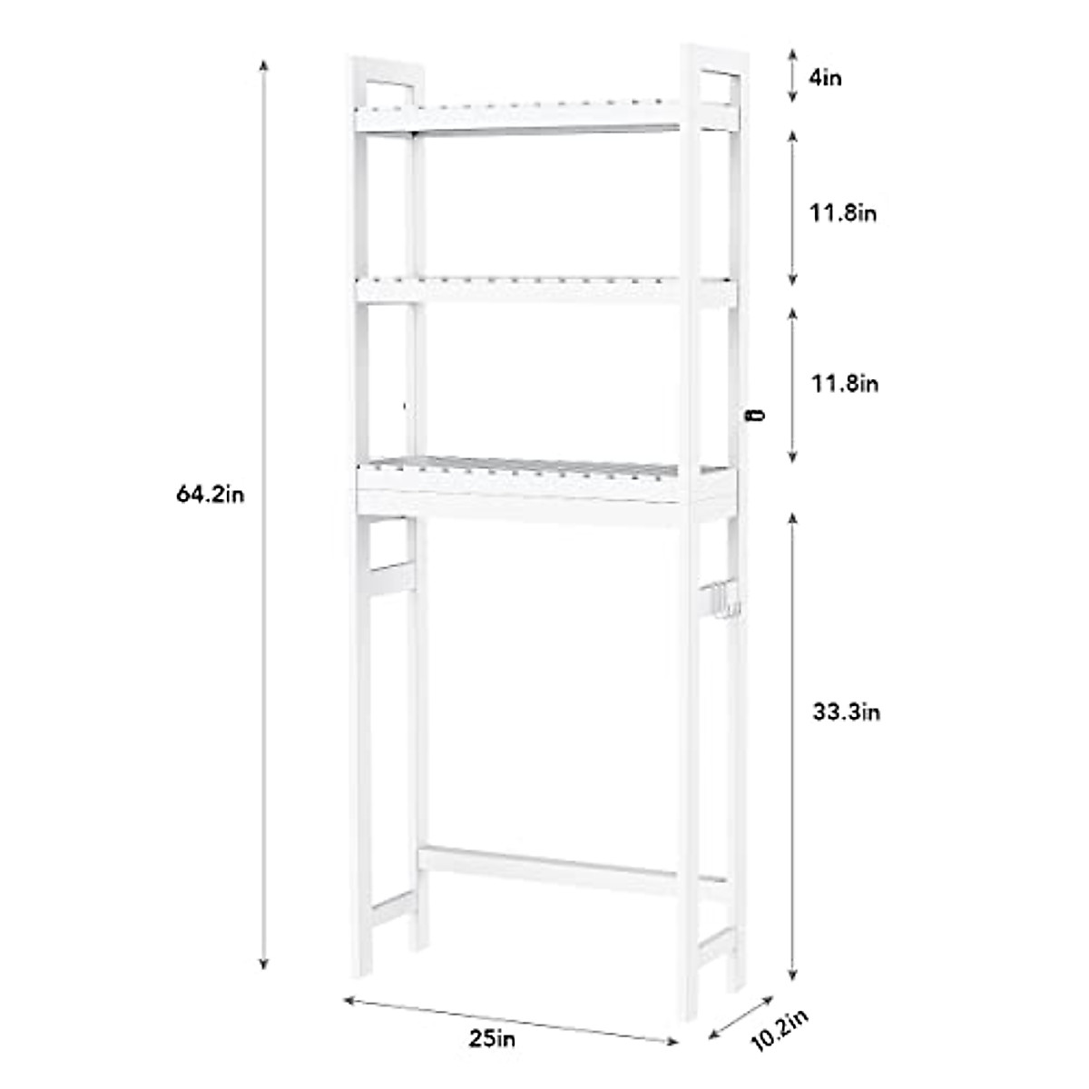 Purbambo Over The Toilet Storage, 3-Tier Bamboo Shelf Organizer Storage Rack with Toilet Paper Holder & 3 Hooks for Bathroom, Balcony, Porch, Laundry - White
