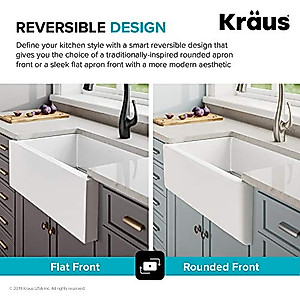 Kraus KFR1-33GWH Turino 33-inch Fireclay Farmhouse Apron Reversible Single Bowl Kitchen Sink with Bottom Grid in, White Color