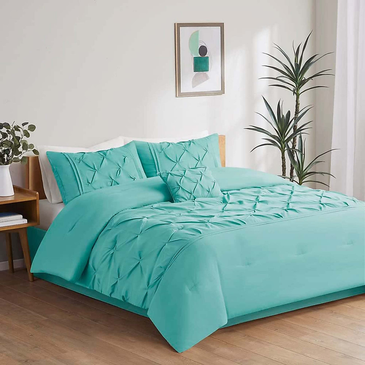 Comfort Spaces Cavoy Comforter Set - Luxe Diamond Tufting, All Season Bedding, Matching Bed Skirt, Decorative Pillows, Queen, Faux Silk Aqua 5 Piece
