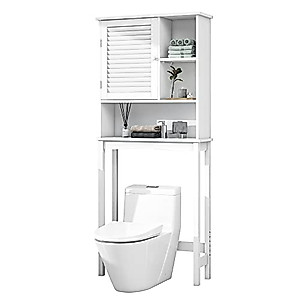 Merax, White Bathroom Over-The-Toilet Cabinet with Adjustable Shelf, Storage Rack, Shutter Door, Wood