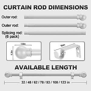 Authandis Silver Curtain Rods for Bedroom with Brackets,5/8 Inch Diameter Small Window Curtain Rod 32 to 123 Inches,Easy Install Drapery Rods