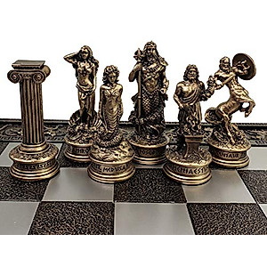 Greek Mythology Olympus Gods Zeus vs Poseidon Pewter and Bronze Color Chess Set with 17" Greek Board