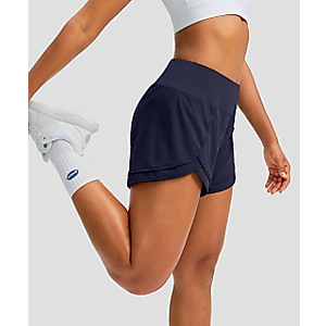 Women's Running Shorts High Waisted Quick-Dry 3 Inch Gym Workout Athletic Shorts for Women with Zipper Pocket(Navy Blue, XS)