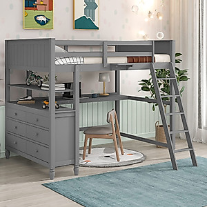 Bellemave Full Size Loft Bed with Desk & Storage Drawers Wood Loft Bed Frame with Ladder for Kids Adults Boys Girls Teens, Gray