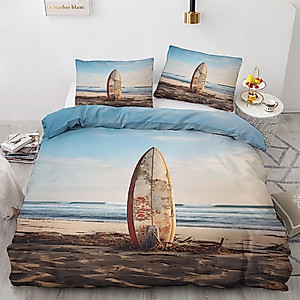 Surfboard Duvet Cover Oversized King Size, Coastal Beach Theme Bedding Set 3 Piece for Bedroom Decor, Summer Surfing Sport Duvet Cover & 2 Pillow Shams, with Zipper & Ties, Super Soft Microfiber