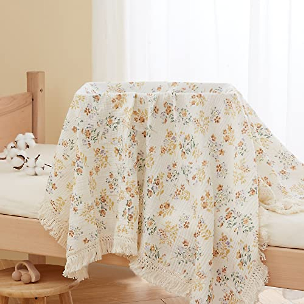 INSULAR Cotton Muslin Baby Blanket with Tassel, Boho Bohemian Muslin Swaddle Blanket Baby Receiving Blanket with Fringe, Nursery Decor Throw or Nursing Blankets, 47" x40”, Flower