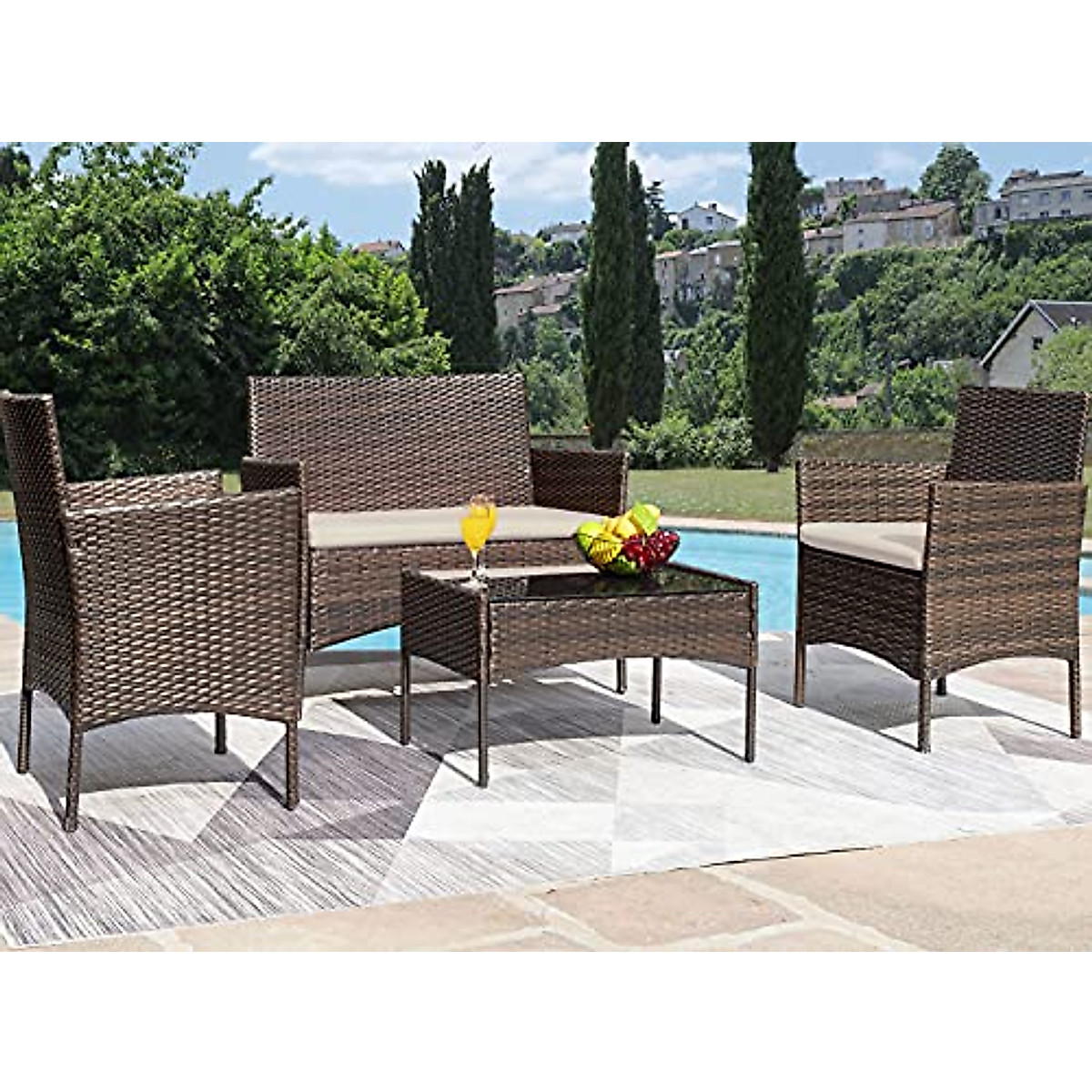 Greesum Patio Furniture 4 Pieces Conversation Sets Outdoor Wicker Rattan Chairs Garden Backyard Balcony Porch Poolside loveseat with Soft Cushion and Glass Table, Brown and Beige