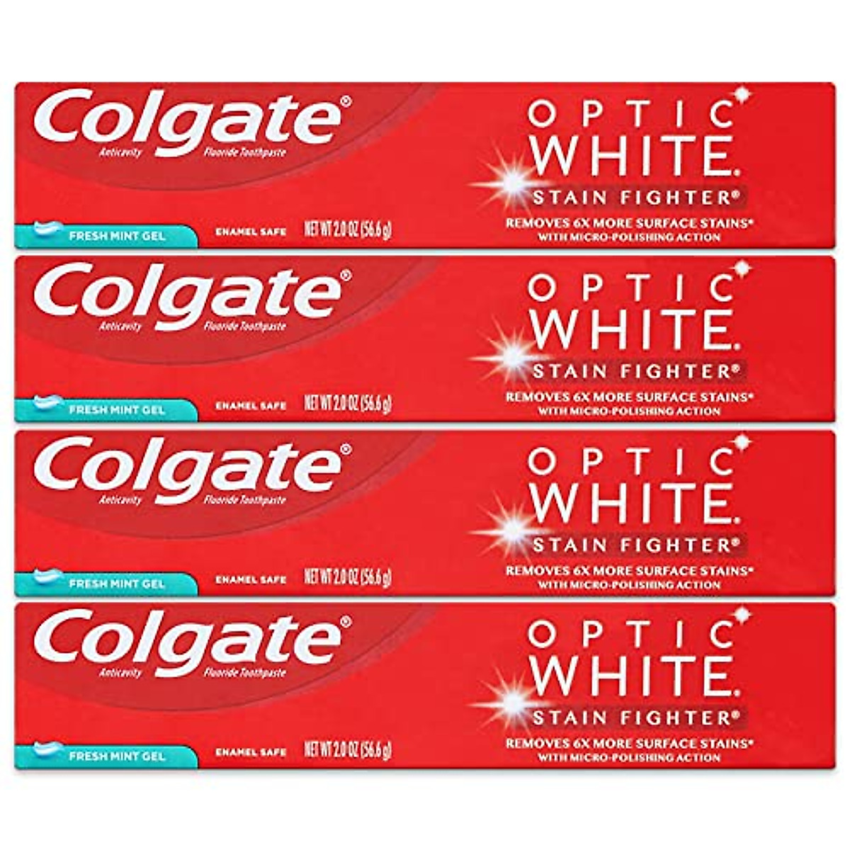 Colgate Optic White Toothpaste, Stain Fighter, Fresh Mint Gel, Travel Size 2.0 oz (56.6g) - Pack of 4