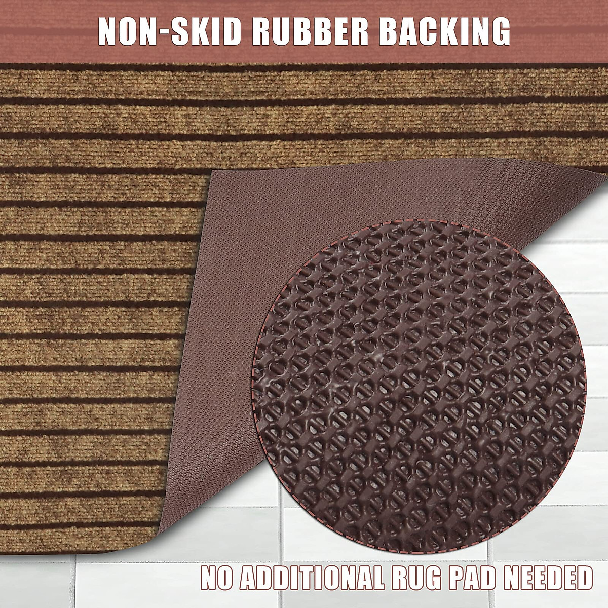 ZGR Runner Rug 2 ft x 6 ft Indoor/Outdoor Low Profile, Hallway, Kitchen, Patio, Deck Area, RV, Entryway, Garage, with Natural Non-Slip Rubber Backing, Brown with Brown Stripe, Custom