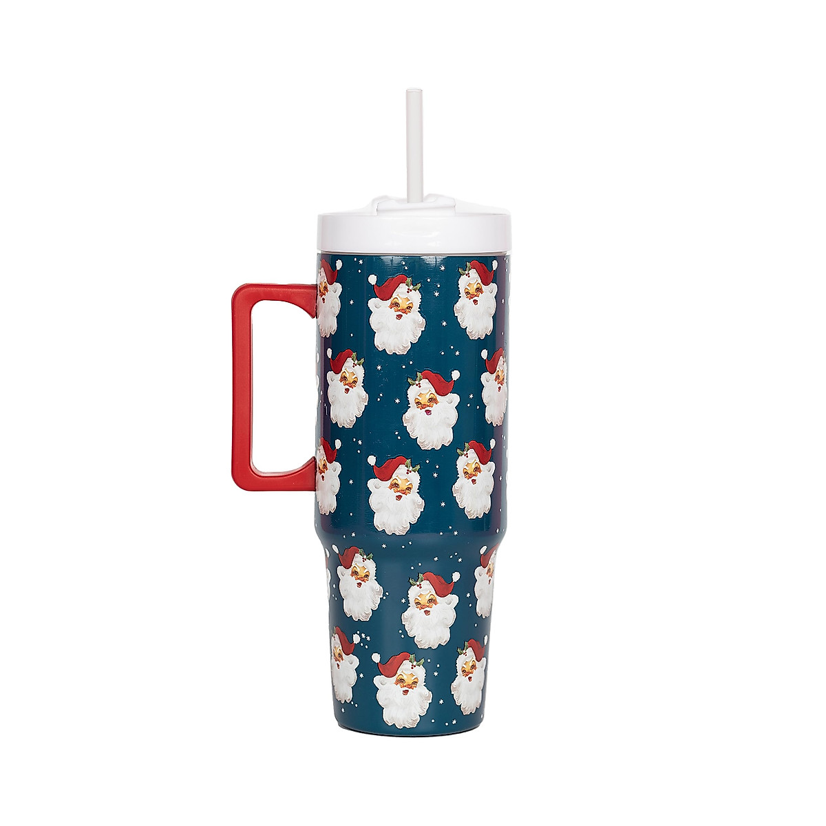Mary Square 47047 Santa's Favorite Face Navy and Red 40 ounce Stainless Steel Travel Coffee Water Tumbler with Straw and Handle