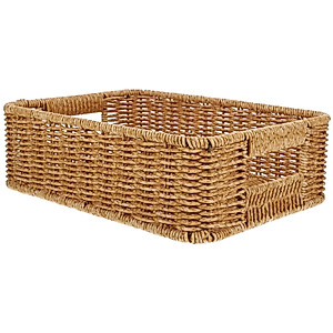 Luxshiny Woven Basket With Handle, Magazine Wicker Basket Seaweed Rectangular Basket Bins Rattan Basket Bin Books Case Farmhouse Standing Rack For Shelf Home