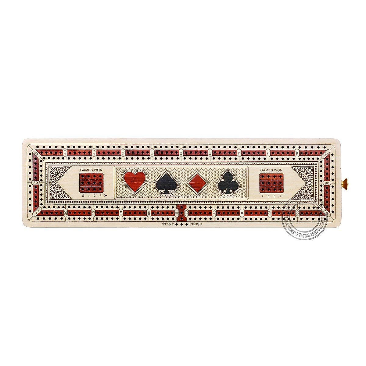 House of Cribbage - 3 Track Continuous Cribbage Board Inlaid in Maple Wood/Bloodwood - Size: 12.5 Inch - Wood Inlaid Card Symbols (Suits) + Storage Drawer for Cribbage Pegs