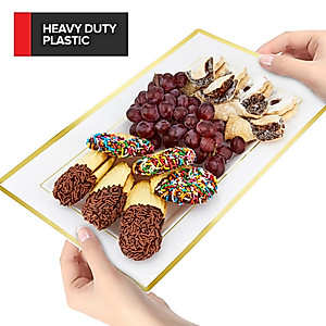 (12 Pcs) Premium White and Gold Plastic Serving Tray, Plastic Serving Platter Disposable, White Rectangle Party Trays and Platters for Fruit, Dessert, Cookies, Appetizers, Holiday Parties